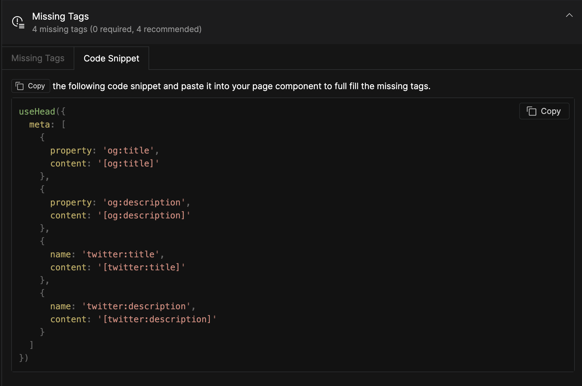 Show `useSeoMeta` instead of `useHead` for open graph · Issue #226 · nuxt/devtools · GitHub